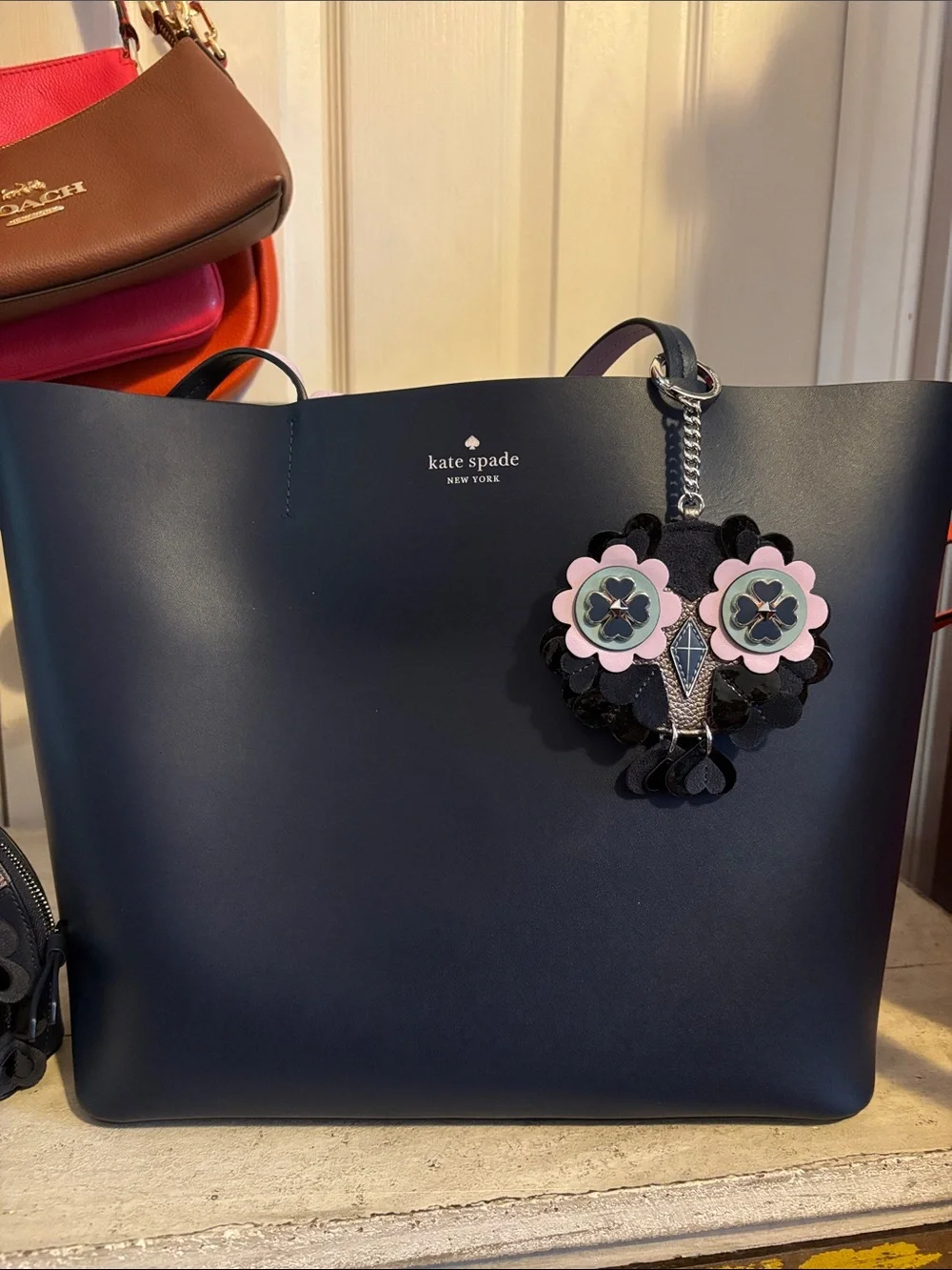 kate spade | Bags | Kate Spade Navy Tote With Lavender Floral Appliqu ...